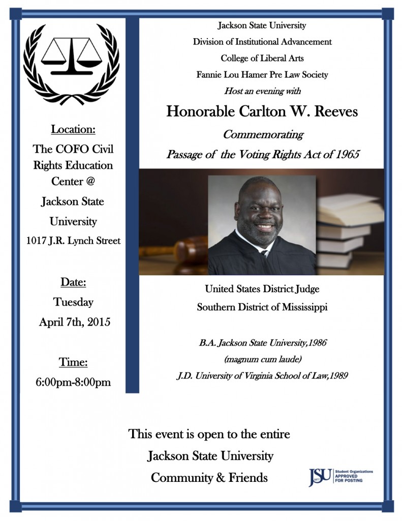 JSU commemorates Voting Rights Act Tuesday with Judge Reeves - JSU Newsroom