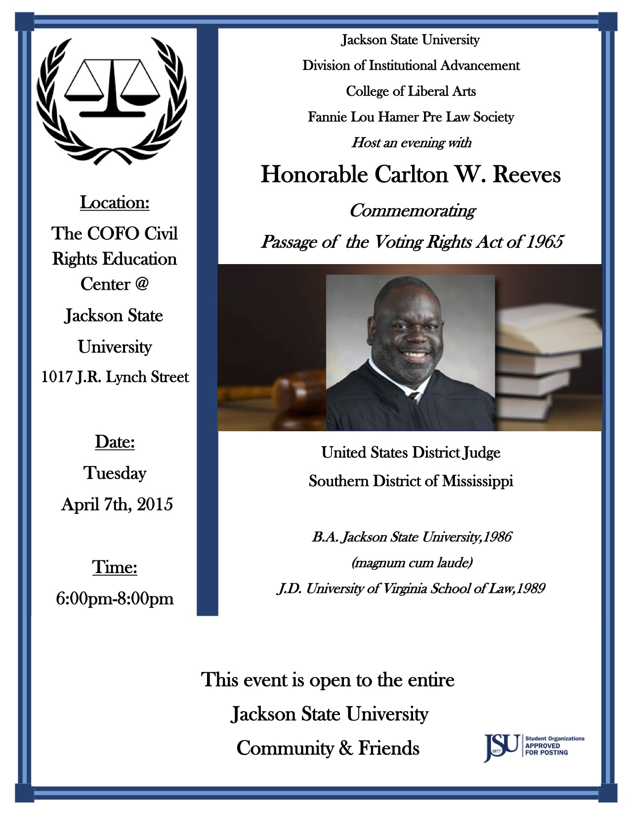 JSU commemorates Voting Rights Act Tuesday with Judge Reeves - JSU Newsroom